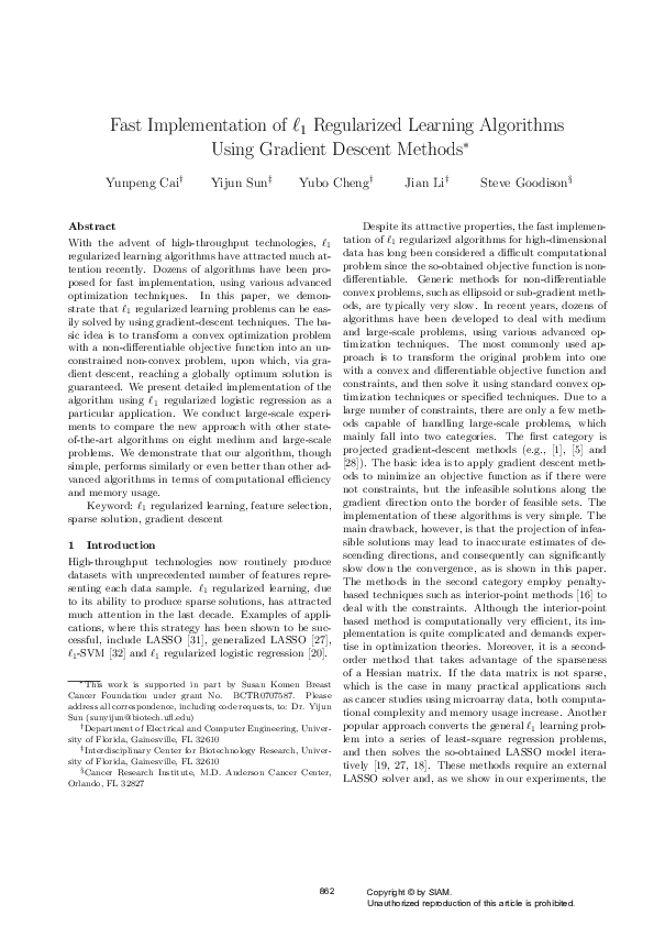 Pdf Fast Implementation Of ℓ1 Regularized Learning Algorithms Using Gradient Descent Methods