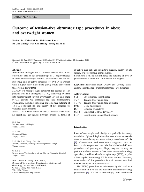 (PDF) Outcome of tension-free obturator tape procedures in obese and ...