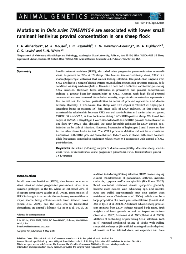 (PDF) Mutations in Ovis aries TMEM154 are associated with lower small ...