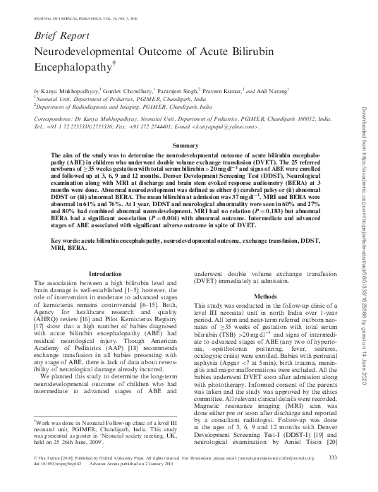 (PDF) Neurodevelopmental outcome of acute bilirubin encephalopathy