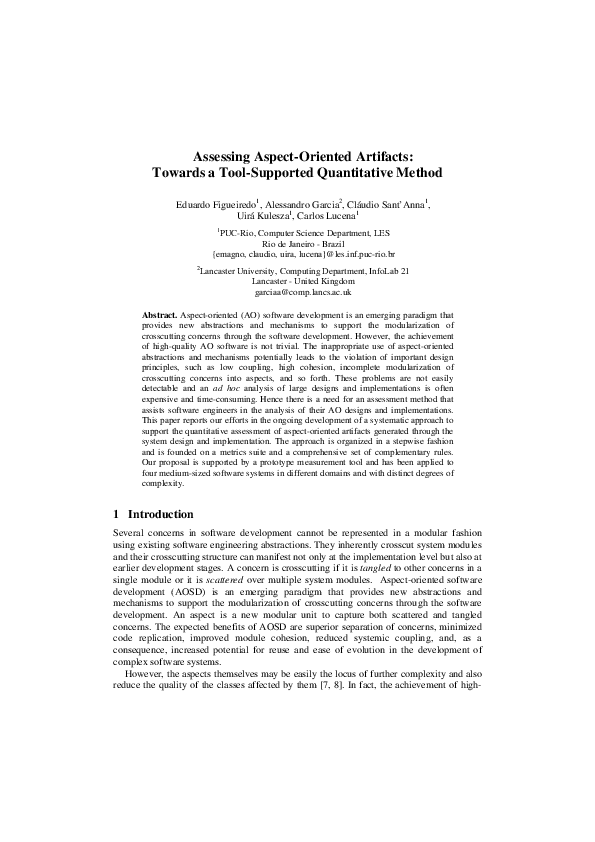 (PDF) Assessing Aspect-Oriented Artifacts: Towards a Tool-Supported Quantitative Method