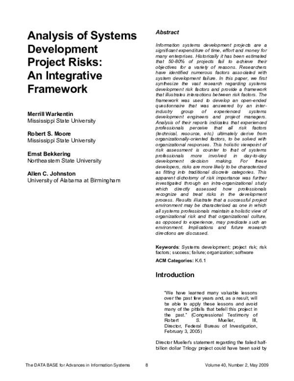 (PDF) Analysis of systems development project risks