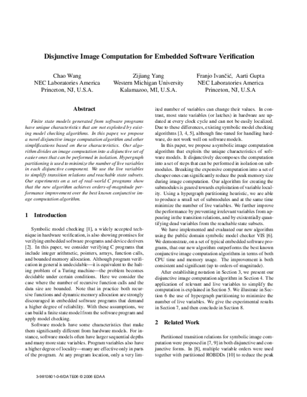 Pdf Disjunctive Image Computation For Embedded Software Verification