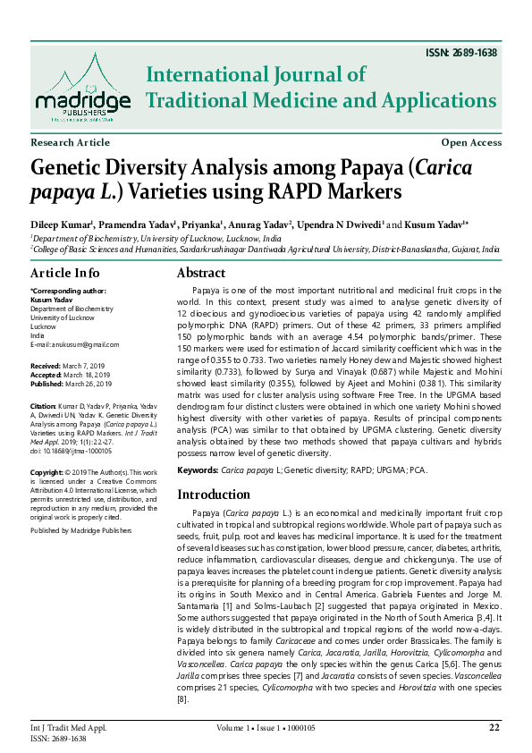 (PDF) Genetic Diversity Analysis among Papaya (Carica papaya L.) Varieties using RAPD Markers