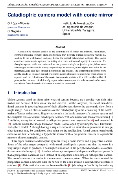 (PDF) Catadioptric camera model with conic mirror