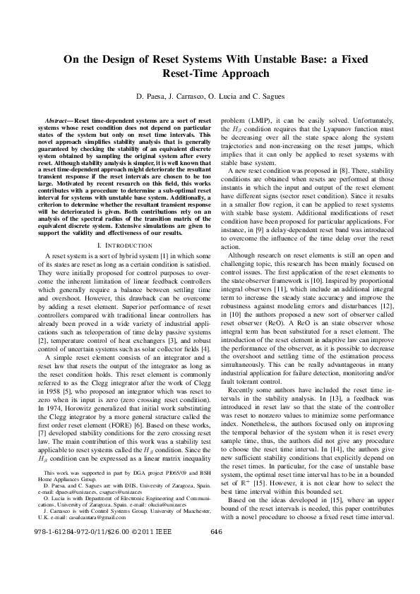 (PDF) On the design of reset systems with unstable base: A fixed reset ...