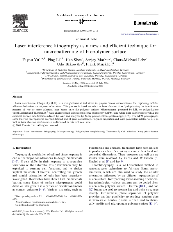 (PDF) Laser interference lithography as a new and efficient technique for micropatterning of ...