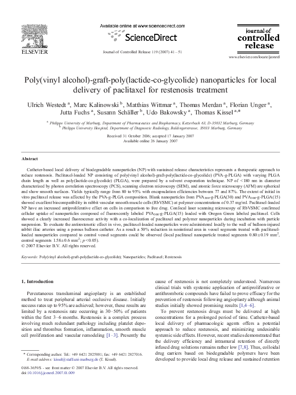 (PDF) Poly(vinyl alcohol)-graft-poly(lactide-co-glycolide) nanoparticles for local delivery of ...