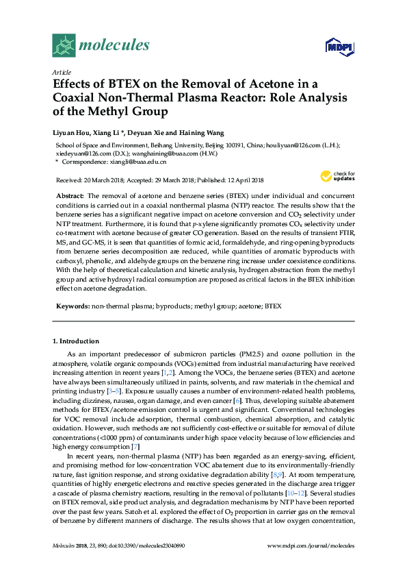 (PDF) Effects of BTEX on the Removal of Acetone in a Coaxial Non ...