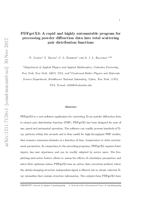(PDF) PDFgetX3 : a rapid and highly automatable program for processing powder diffraction data ...