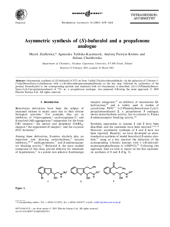 (PDF) Asymmetric synthesis of ( S)-bufuralol and a propafenone analogue