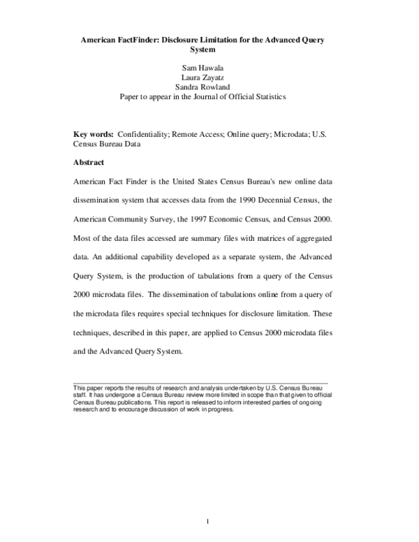 (PDF) American factfinder: Disclosure limitation for the advanced query system