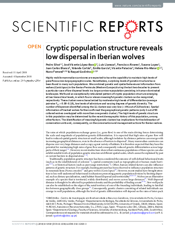 (PDF) Cryptic population structure reveals low dispersal in Iberian wolves