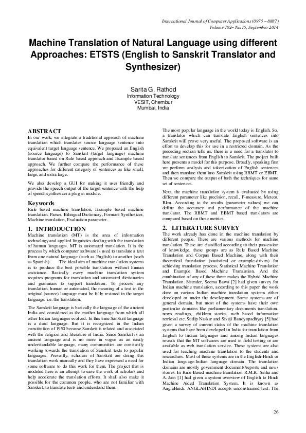 (PDF) Machine Translation of Natural Language using different Approaches