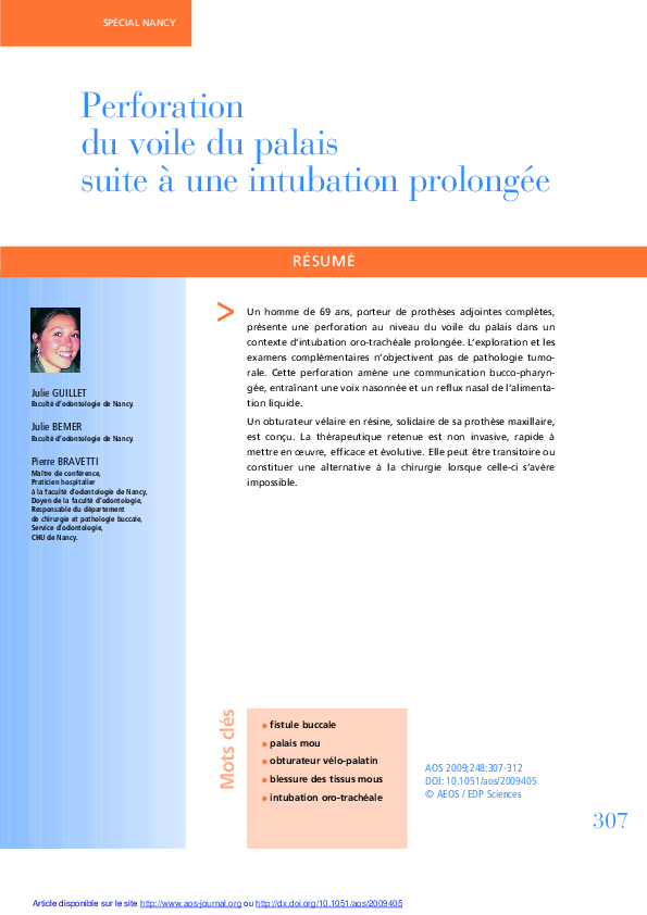 (PDF) Perforation du voile du palais suite à une intubation prolongée