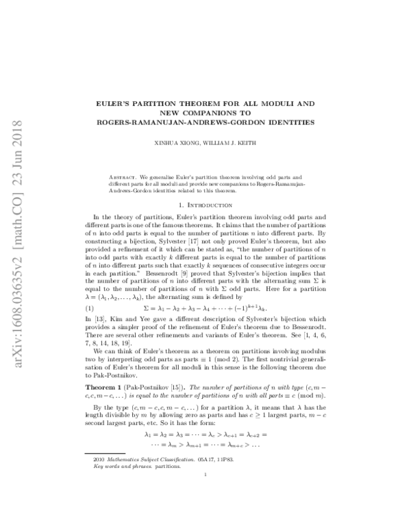 Pdf Eulers Partition Theorem For All Moduli And New Companions To