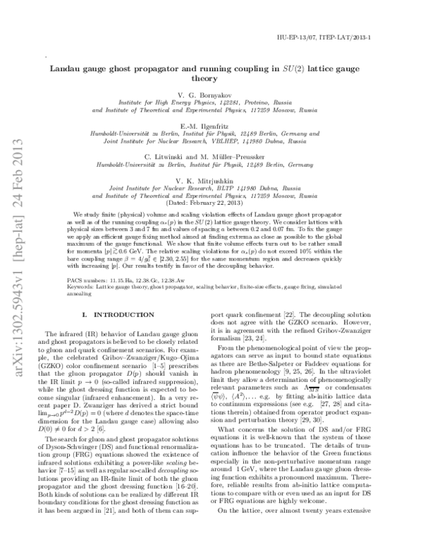 (PDF) Landau gauge ghost propagator and running coupling in S U ( 2 ) lattice gauge theory ...