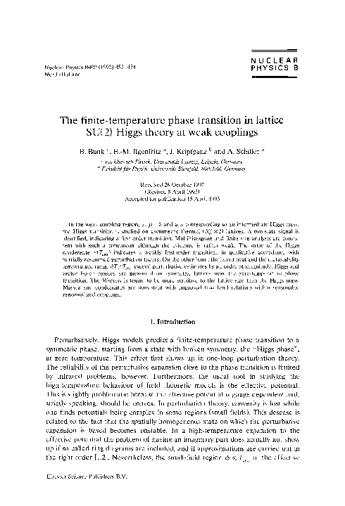 (PDF) The finite-temperature phase transition in lattice SU(2) Higgs theory at weak couplings