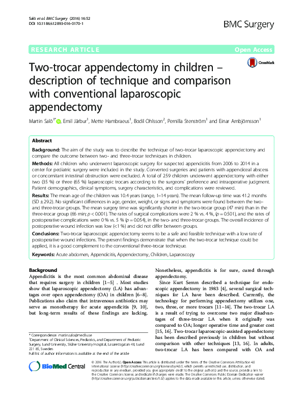 (PDF) Two-trocar appendectomy in children – description of technique ...