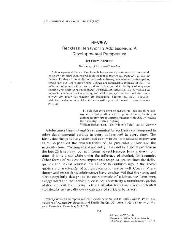 (PDF) Reckless behavior in adolescence: A developmental perspective