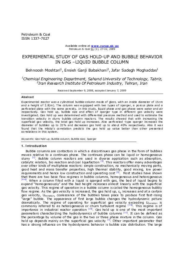 (PDF) Experimental study of gas hold-up and bubble behavior in gas-liquid bubble column
