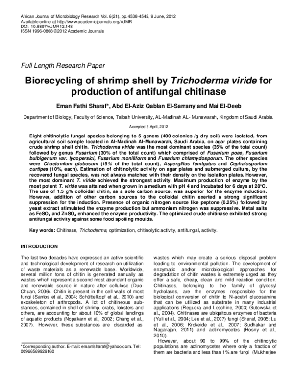(PDF) Biorecycling of shrimp shell by Trichoderma viride for production of antifungal chitinase ...