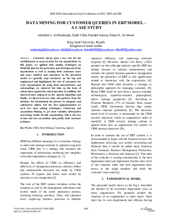 (PDF) Data Mining for Customer Queries in ERP Model A Case Study | Farrukh Saleem - Academia.edu