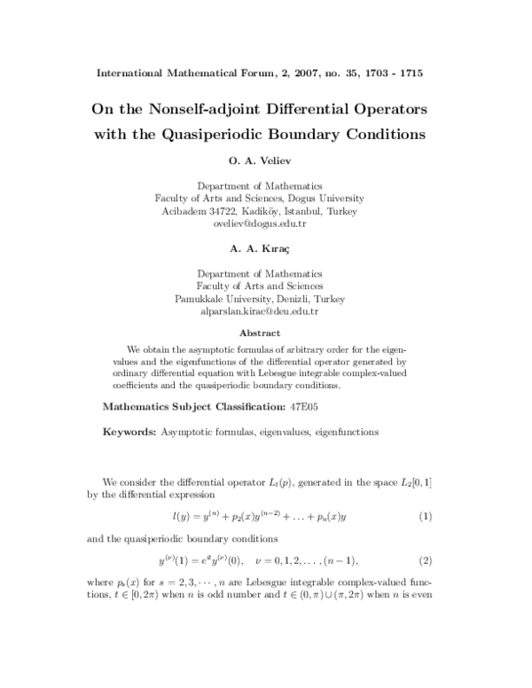 Pdf On The Nonself Adjoint Differential Operators With The Quasiperiodic Boundary Conditions
