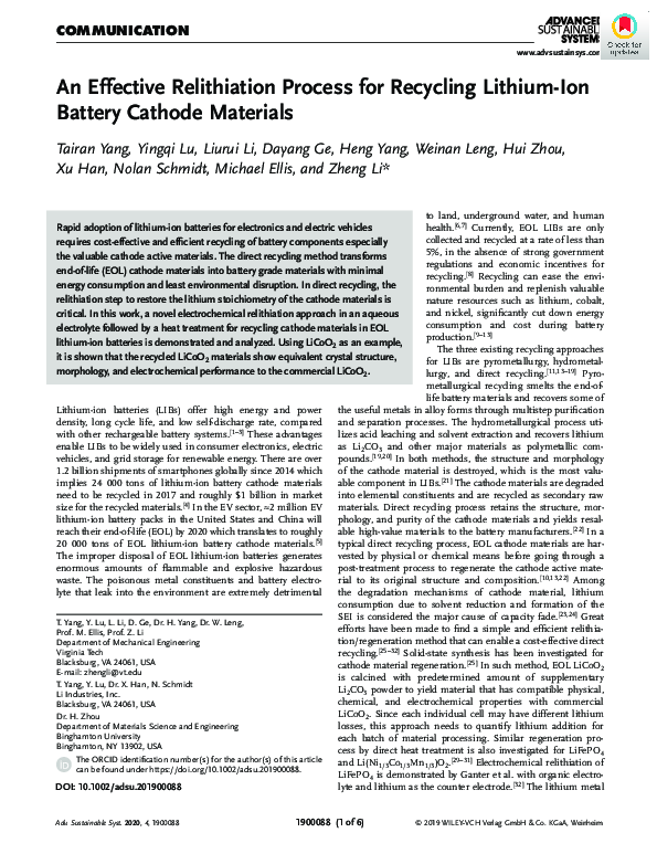 (PDF) An Effective Relithiation Process for Recycling Lithium‐Ion ...