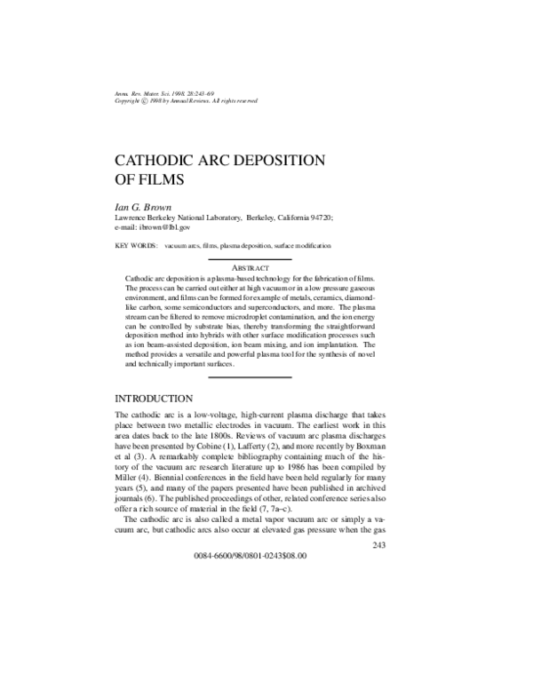 (PDF) Cathodic Arc Deposition of Films