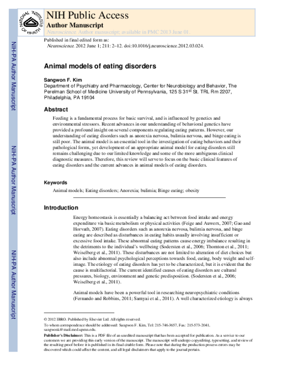 (PDF) Animal models of eating disorders