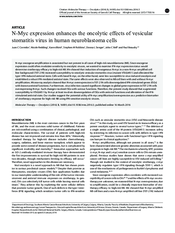 (PDF) N-Myc expression enhances the oncolytic effects of vesicular stomatitis virus in human ...