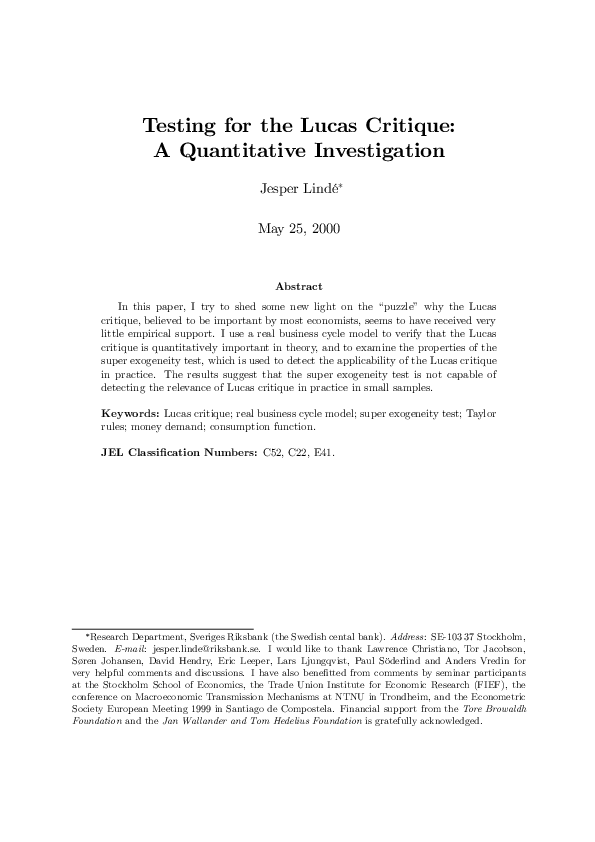 (PDF) Testing for the Lucas Critique: A Quantitative Investigation
