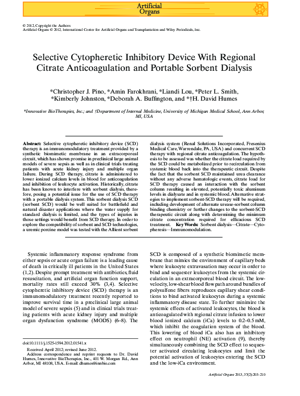 (PDF) Selective Cytopheretic Inhibitory Device With Regional Citrate ...