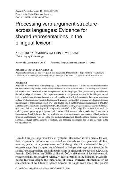 (PDF) Processing verb argument structure across languages: Evidence for ...