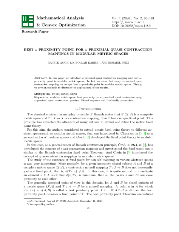 (PDF) Best `omega`-Proximity Point For `omega`-Proximal Quasi Contraction Mappings in Modular ...