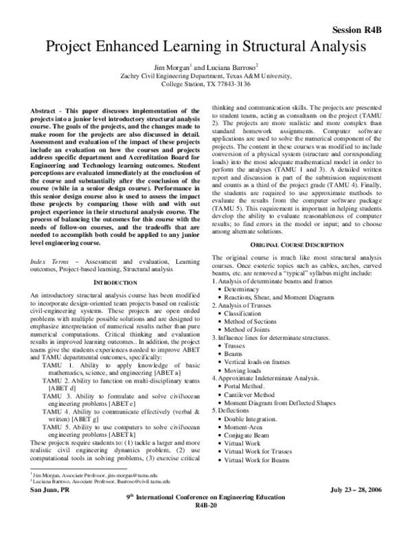 (PDF) Project Enhanced Learning In Structural Analysis