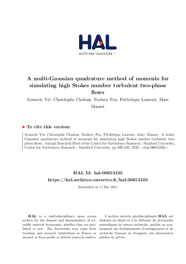 (PDF) A multi-Gaussian quadrature method of moments for simulating high Stokes number turbulent ...