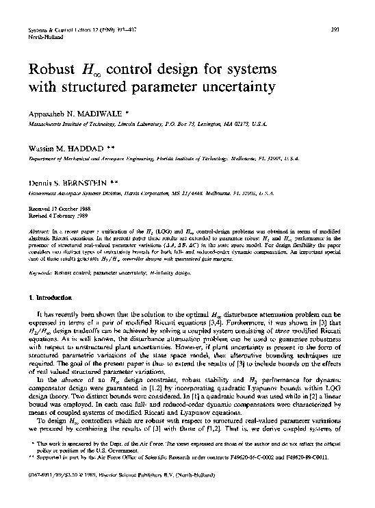 (PDF) Robust H_infinity control design for systems with structured parameter uncertainty