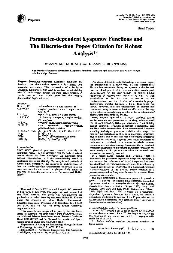 Pdf Parameter Dependent Lyapunov Functions And The Discrete Time Popov Criterion For Robust