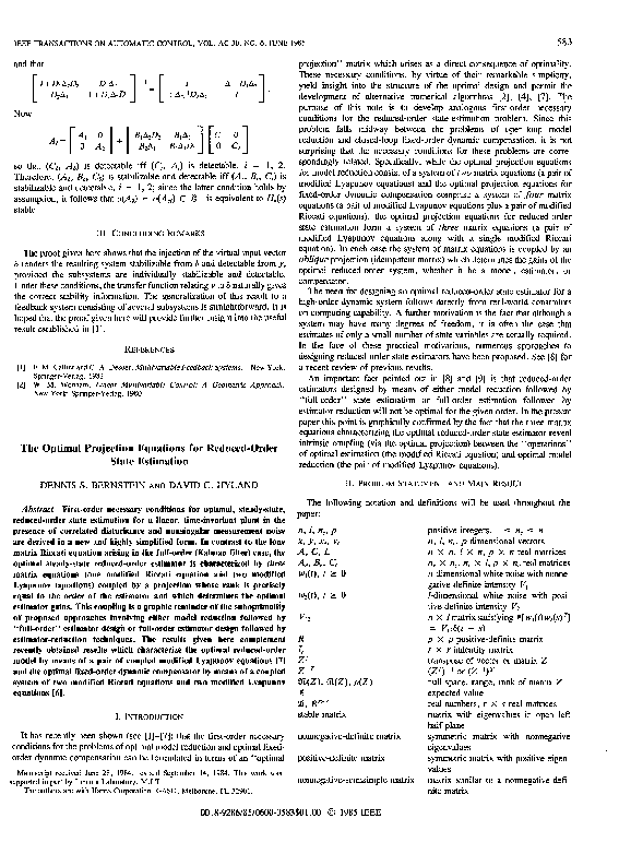 (PDF) The optimal projection equations for reduced-order state estimation | Wassim Haddad ...