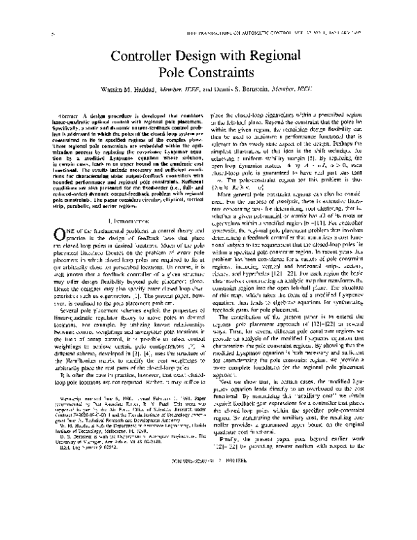 (PDF) Controller design with regional pole constraints | Wassim Haddad - Academia.edu