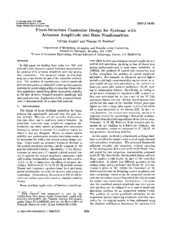 (PDF) Fixed-structure controller design for systems with actuator amplitude and rate nonlinearities
