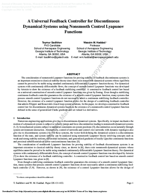 (PDF) A universal feedback controller for discontinuous dynamical systems using nonsmooth ...