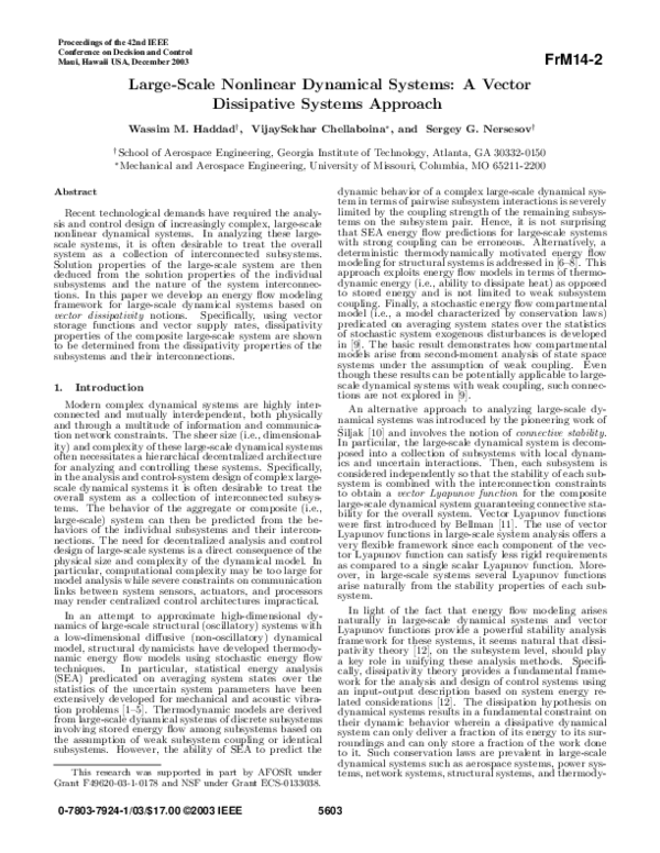 Pdf Large Scale Nonlinear Dynamical Systems A Vector Dissipative Systems Approach