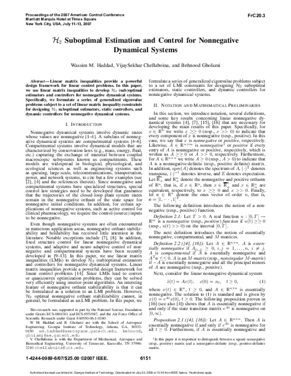 (PDF) H? 2 suboptimal estimation and control for nonnegative dynamical systems