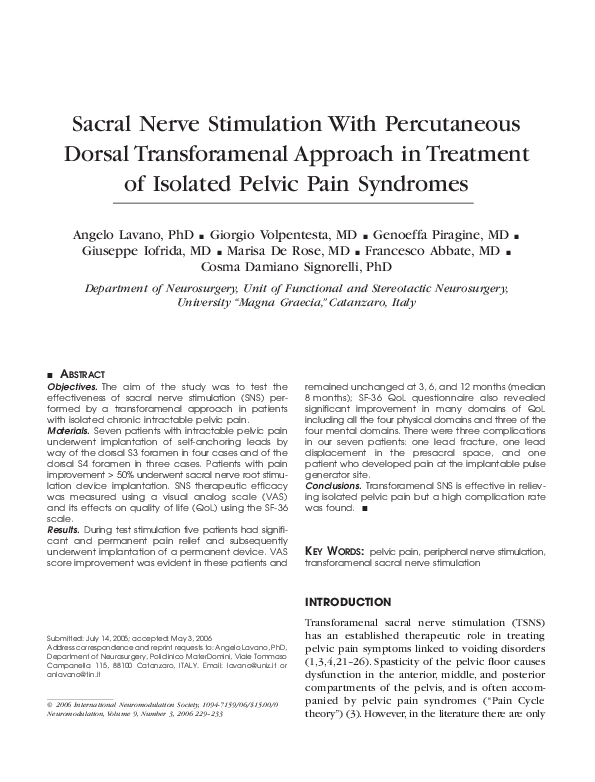 (PDF) Sacral Nerve Stimulation With Percutaneous Dorsal Transforamenal ...