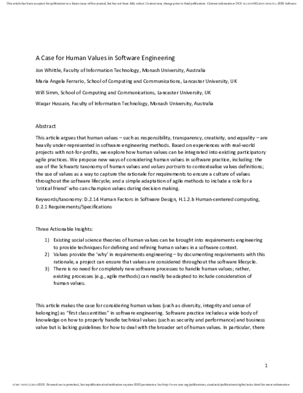 (PDF) A Case for Human Values in Software Engineering