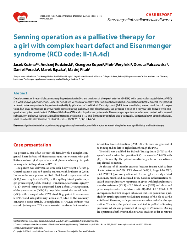 (PDF) Senning operation as a palliative therapy for a girl with complex ...