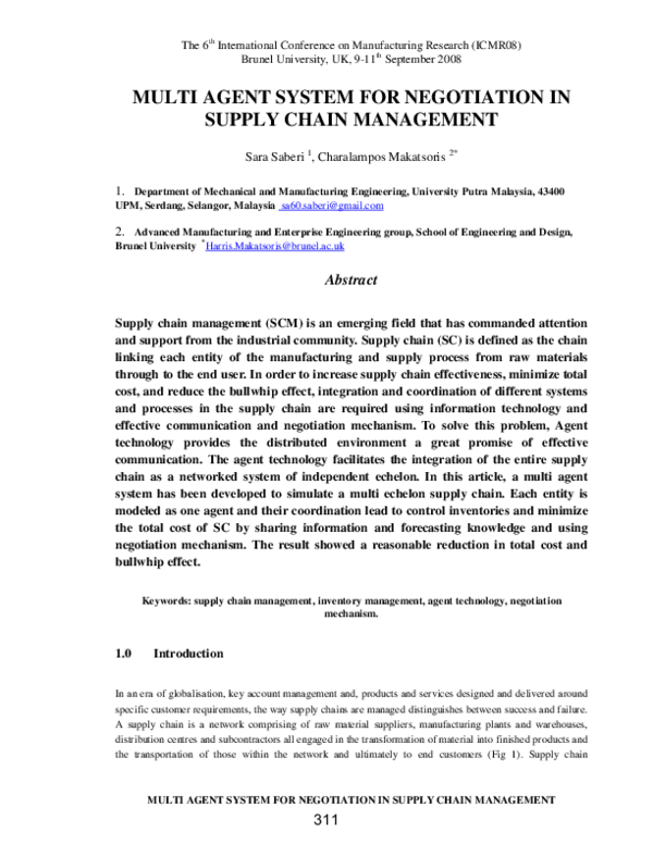Pdf Multi Agent System For Negotiation In Supply Chain Management